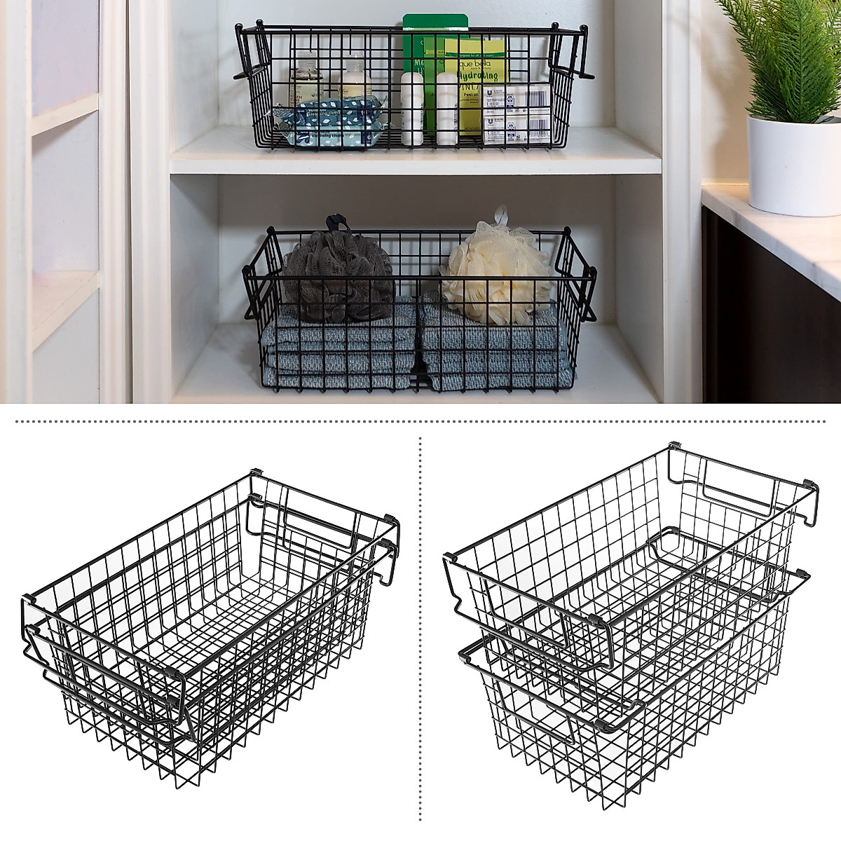 Home-Complete Nesting Storage Bins Stackable Wire Baskets, Set of 2, Medium, Black, 2 Each