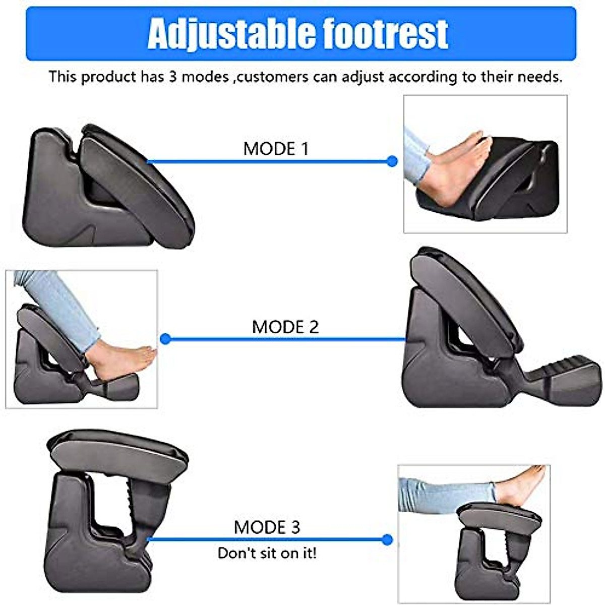 VUE Adjustable Footrest, Upgrade Ergonomic Footrest Max-Load 180LBS with 3 Functional Modes & Massage Office Foot Rest Under Desk for Home, Office, Car, Train