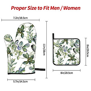 YILEQUAN Green Eucalyptus Leaves Print Oven Mitts and Pot Holders Sets,Kitchen Oven Glove High Heat Resistant 500 Degree Oven Mitts and Potholder,Surface Safe Baking, Cooking, BBQ,Pack 3 One Size
