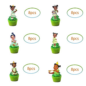 48Pcs Tiana Birthday Cake Topper Decoration Supplies for Tiana Children's Cupper Topper for Kids Birthday Party