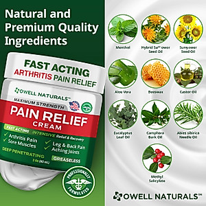 OWELL NATURALS Arthritis Pain Relief Cream, Fast-Acting, Deep Penetrating Joint & Muscle | Non-Greasy Formula for Back, Knee, Feet, Hand, Legs, Shoulder | Natural Ingredients, 2 oz