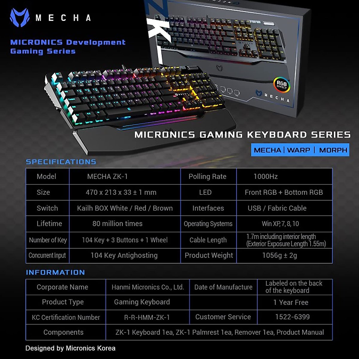WIZMAX Keyboard ZK1 Professional Wired Mechanical Gaming Keyboard, Kailh Box Linear Switches, RGB, Detachable Magnetic Palm Rest, Multimedia Keys, Volume Control Wheel, Aluminum Top (104 Keys, Black)