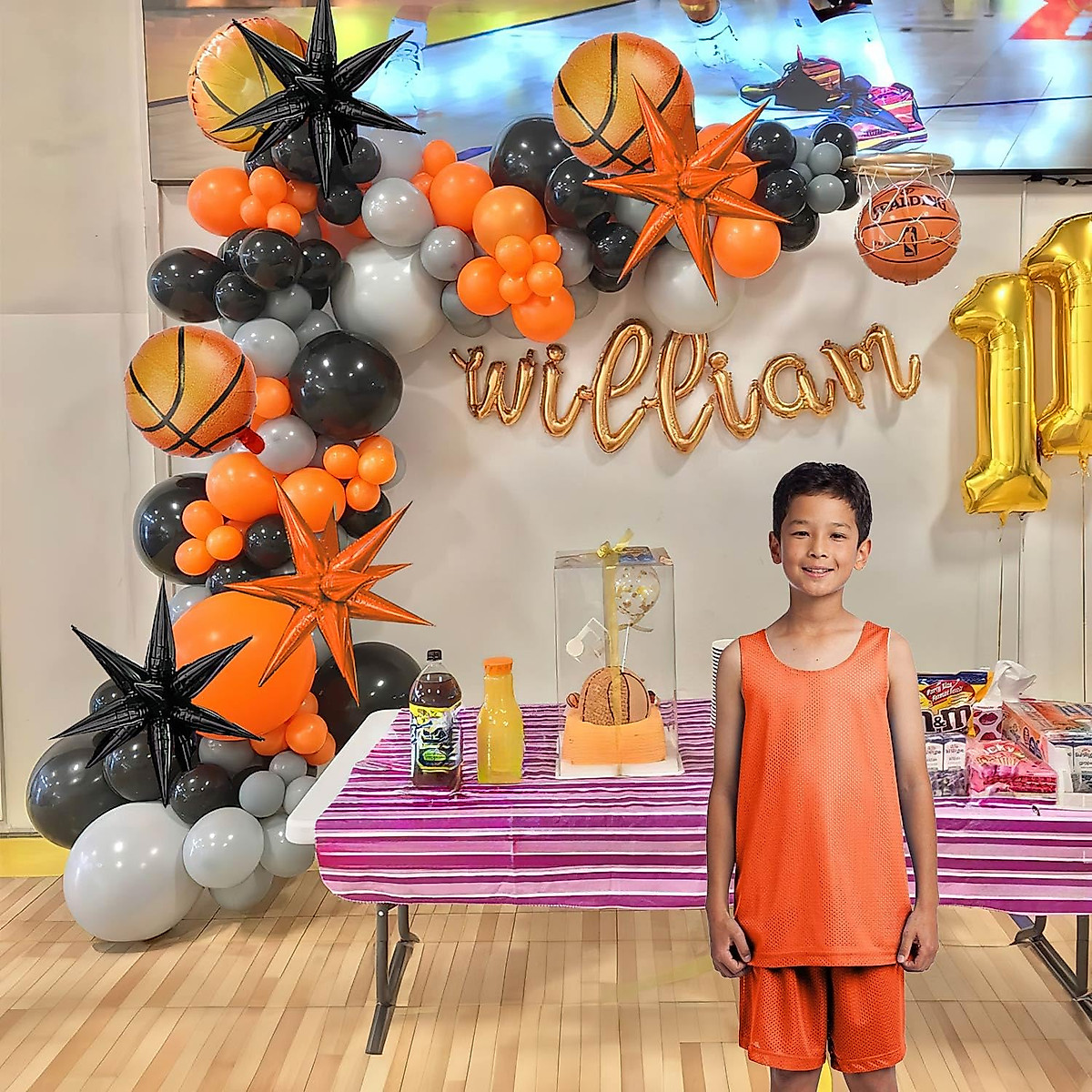 FROUFING Basketball Balloon Garland Arch Kit, 136pcs Orange Gray Black White and Silver with Foil Star Balloons for 1st Birthday Party Baby Shower Sports Theme Supplies Decorations
