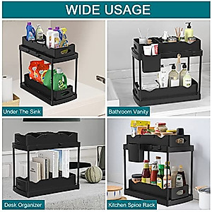 Under Sink Organizer, 2-Tier Under Sink Organizers and Storage with Double Sliding Storage Drawers, Under Sliding Cabinet Basket with Hooks, Hanging Cup, Dividers for Home, Bathroom, Kitchen