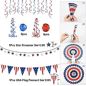 4th of July Decorations Patriotic Decorations 24Pcs Set - American Flag Party Supplies Red White Blue Paper Fans, USA Flag Pennant, Star Streamer, Hanging Swirls for National Election Day
