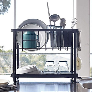 YAMAZAKI Home Tower Two-Tier Adjustable Dish Drainer Rack, Compact Drying Rack with Hooks, Utensils Holder - Steel -