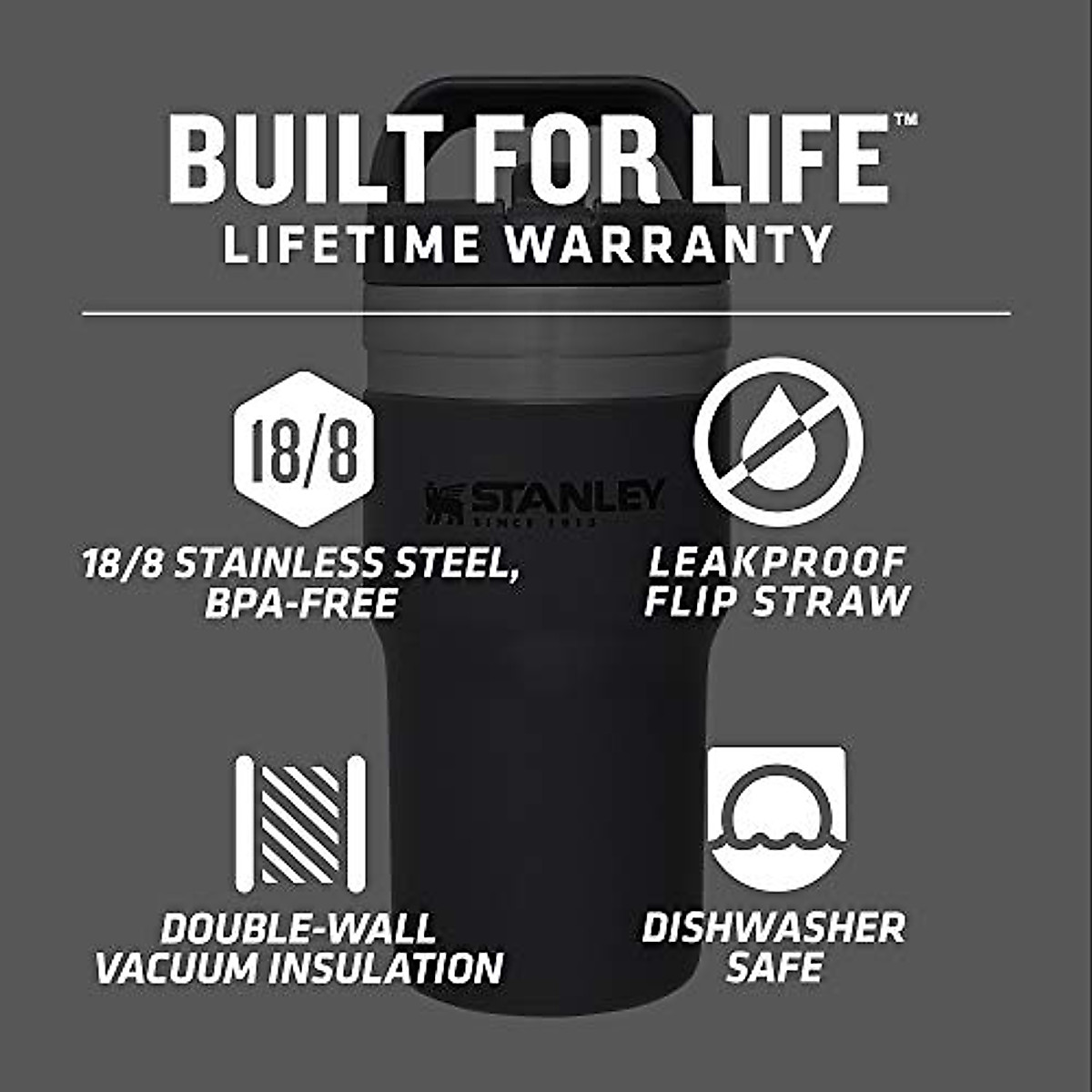 Stanley IceFlow Stainless Steel Tumbler with Straw - Vacuum Insulated Water Bottle for Home, Office or Car - Reusable Cup with Straw Leakproof Flip - Cold for 12 Hours or Iced for 2 Days (Charcoal)