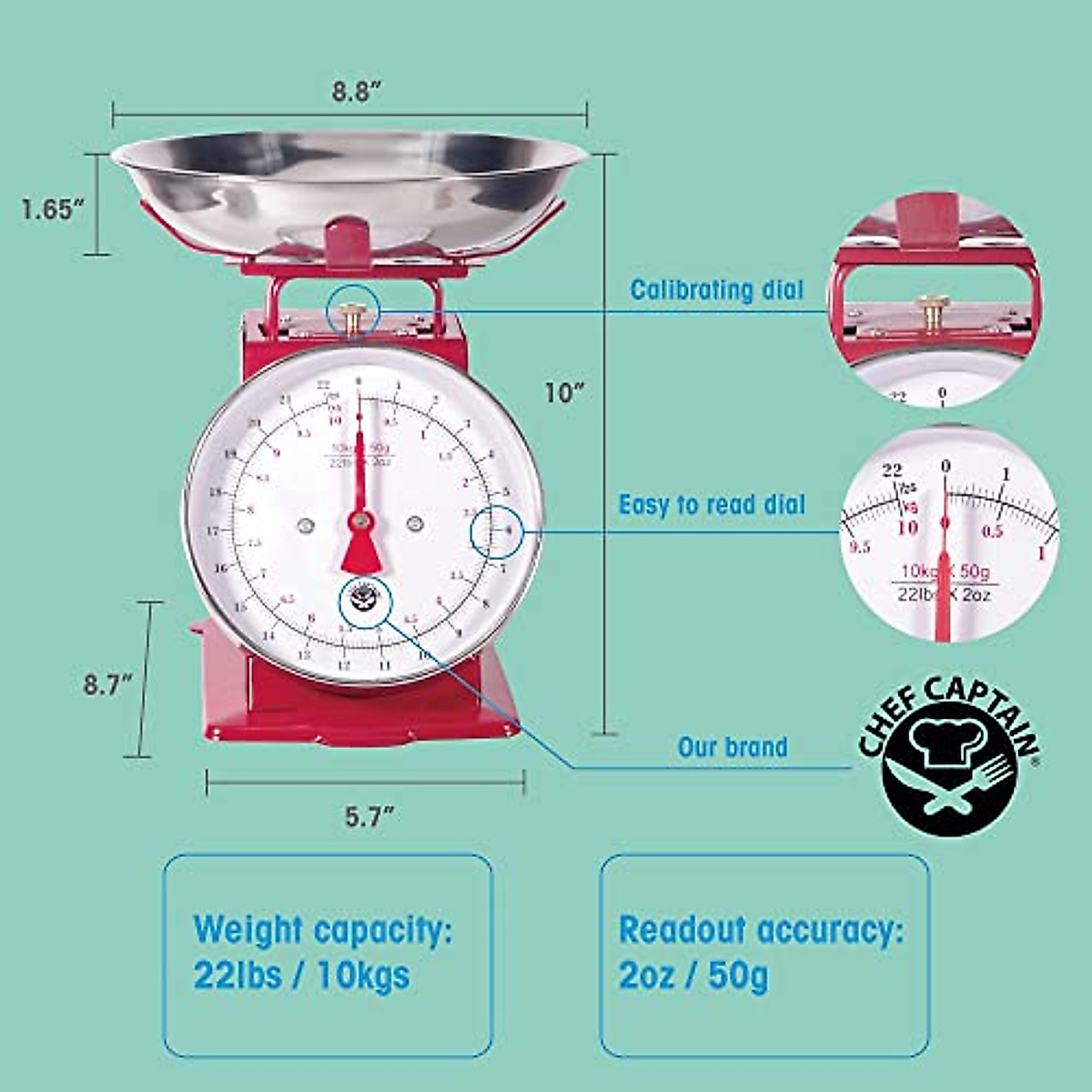 Kitchen Scale White Metal With A Stainless Steel Tray (22-Pound) (RED)
