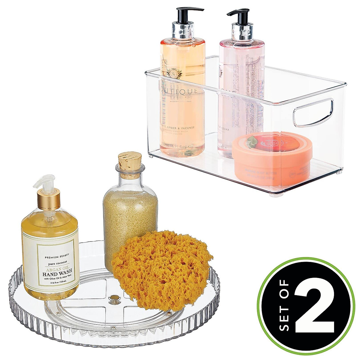 mDesign Plastic Stackable Bin with Handles and 11.5" Round Fluted Lazy Susan Turntable Plastic Spinner Combo Set for Organization in Bathroom, Closet, Cabinet, or Vanity Countertop - Set of 2 - Clear