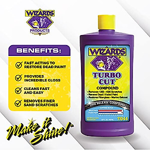 Wizards Turbo Cut Compound - Removes 1200 to 1500 Scratches - Renews, Restores and Fast Cuts Dead and Faded Paints, Gelcoat and Fiberglass - High Gloss Finish - Water Based Car Scratch Remover - 32 oz