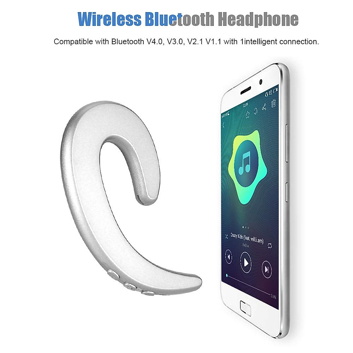 Ciglow Bluetooth Headphone, Hands Ear Hook Headset Painless Earphone Ergonomic Design Headset(Silver)