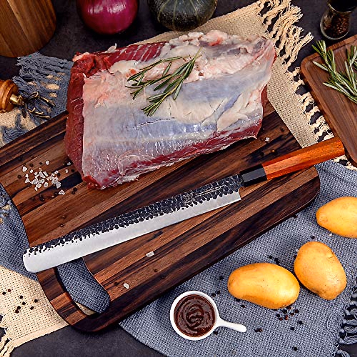 FAMCÜTE 12 Inch Slicing Carving Knife, 3 Layer 9CR18MOV Clad Steel w/octagon Handle brisket knife for Home Kitchen and Restaurant Slicing Brisket Turkey Meat