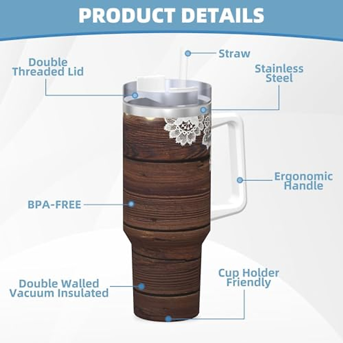 Xiexide 40oz Fits Cup Holder Travel Rustic Western Country Brown Lace Floral Wood Double Walled Vacuum Insulatedith Handle And Straw,Hot & Cold Drinks