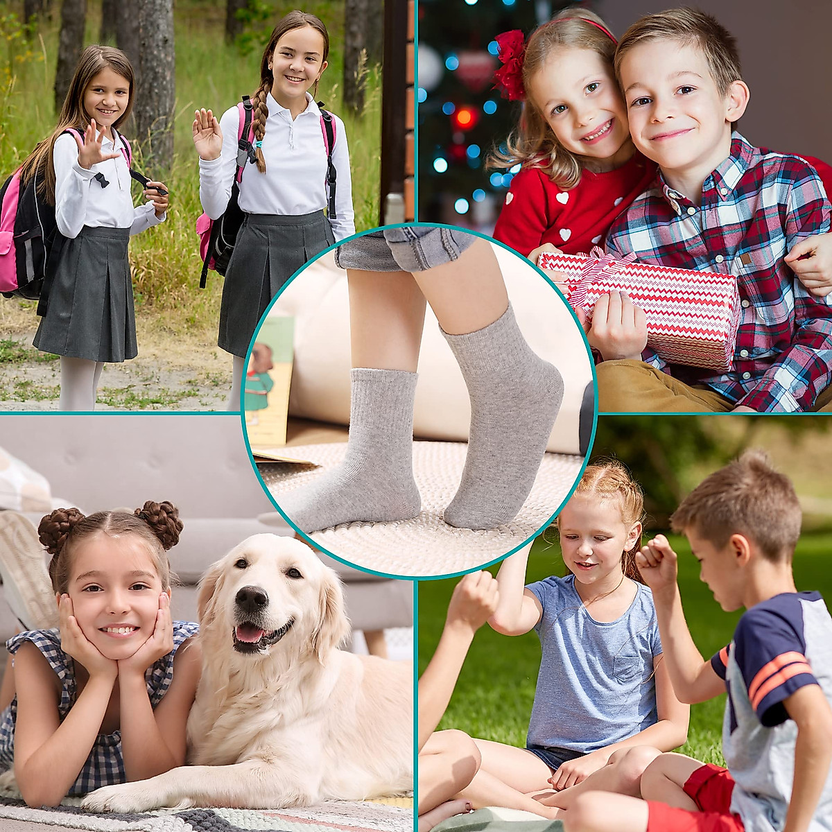 Eyean Kids Athletic Crew Socks Boys Girls Cotton School Uniform Casual Basic Socks 6 Pairs (6-8 Years, Black+White+Grey)