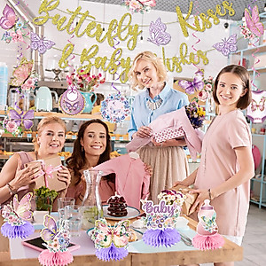 KMCCUMBER Butterfly Baby Shower Decorations, Purple Baby Shower Decorations Include Butterfly Kisses and Baby Wishes Banner Hanging Swirls and Honeycomb Centerpiece Party Decorations for Girl