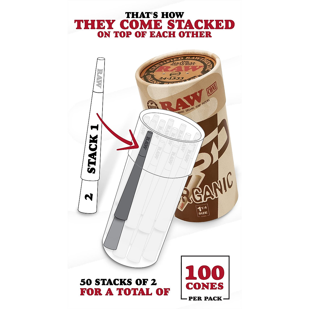 RAW Cones Organic 1-1/4 Size | 100 Pack | Pre Rolled Rolling Paper with Tips & Packing Tubes Included