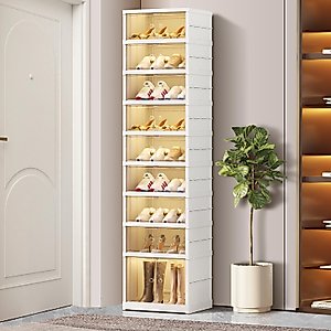 CIMLORD 9-Tier Foldable Shoe Rack Organizer for Closet 18Pairs Plastic Shoe Shelf Collapsible Shoes Storage Box Clear Shoe Boxes Stackable with Door Easy Assembly Shoe Cabinet with Lids Large