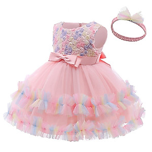 AVAZU 3M-6T 3D Colorful Flower Toddler Baby Girls Wedding Pageant Layered Dresses Wedding Birthday Party Tutu Gown with Headwear Light Pink 110