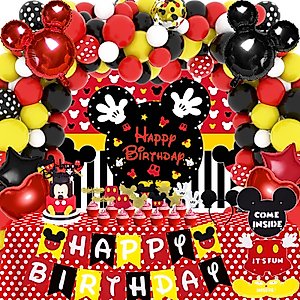 Mouse Birthday Party Supplies for Boys 1st 2nd 3rd Year Birthday Baby Shower Decoration Pack (117 Pcs including Backdrop, Tablecloth, Banner, Cupcake Toppers, Headband, Balloons, etc.)