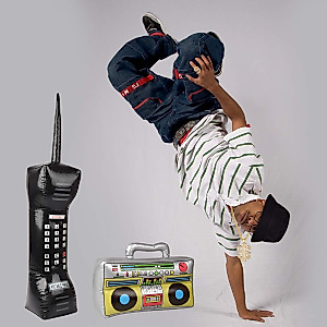 Hotusi Hip Hop Costume Kit, Bucket Hat Sunglasses Inflatable Boom Box Phone Dollar Sign Gold Chain 80/90s Party Supplies Cosplay Props