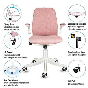 FINEWISH Pink Office Chair, Ergonomic Mid Back Swivel Desk Chair Fabric Office Computer Swivel Adjustable Rolling Task Chair Executive Chair with Flip up (Pink, New)