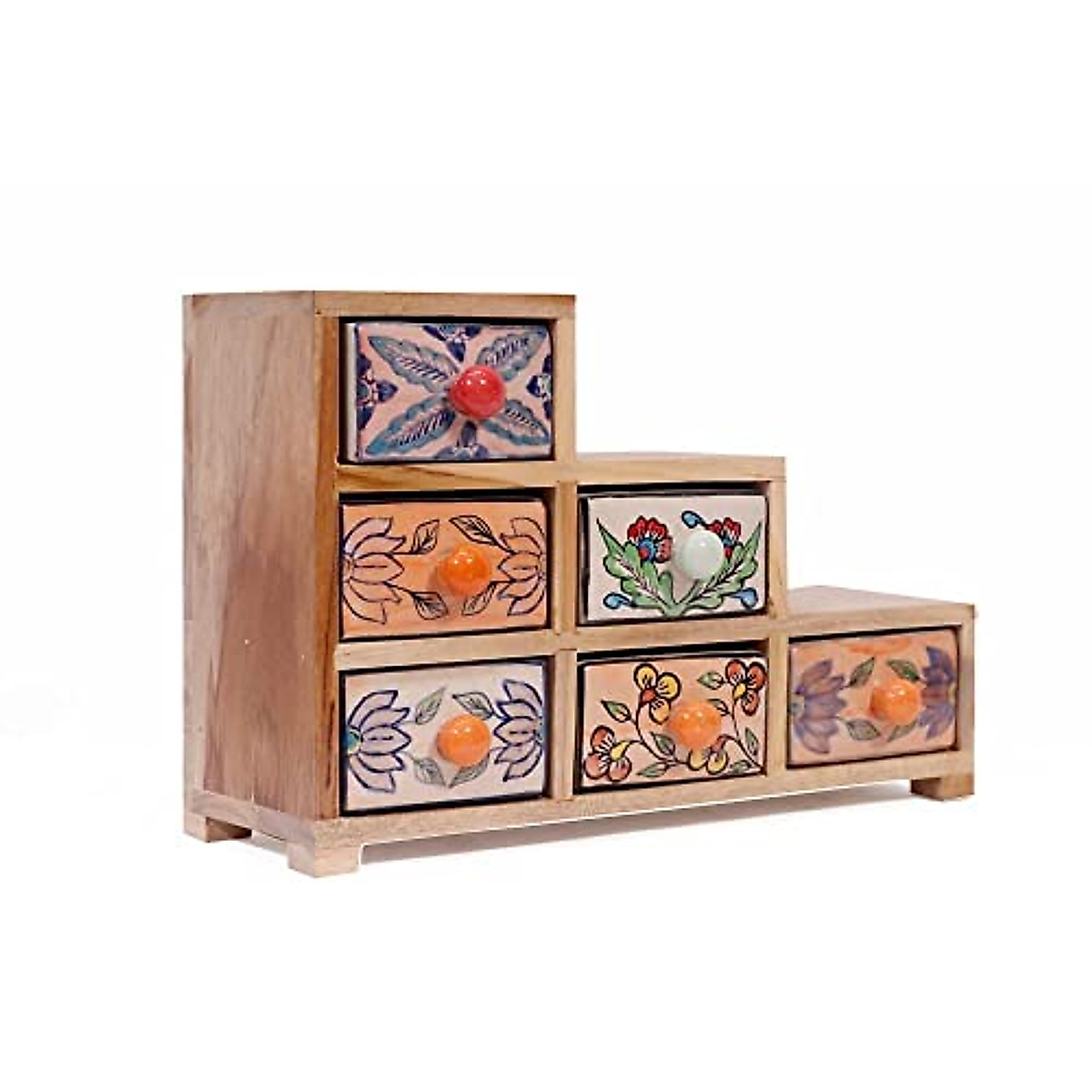 Tyagi-Export -Staircase 6 Drawer Wide Ceramic Organizer Storage Cabinet Chest of Drawers Unique Pottery Wooden Drawer Box Drawers 14 x 4.5 x 9 Inch