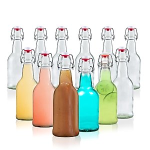Crutello 16 Ounce Clear Glass Flip Top Beer Bottles for Brewing - Beer, Kombucha, Soda, Juice - 12 Pack Glass Bottle for Fermentation, Storage, Drinking - A Family-Owned American Brand