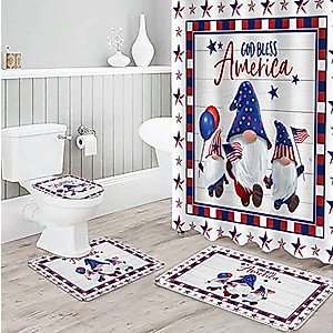 BestLives 4th of July Shower Curtain Sets with Rugs Buffalo Check Gnome USA Flag Non-Slip Soft Toilet Lid Cover for Bathroom Stars 4 Pcs Bathroom Sets with Bath Mat