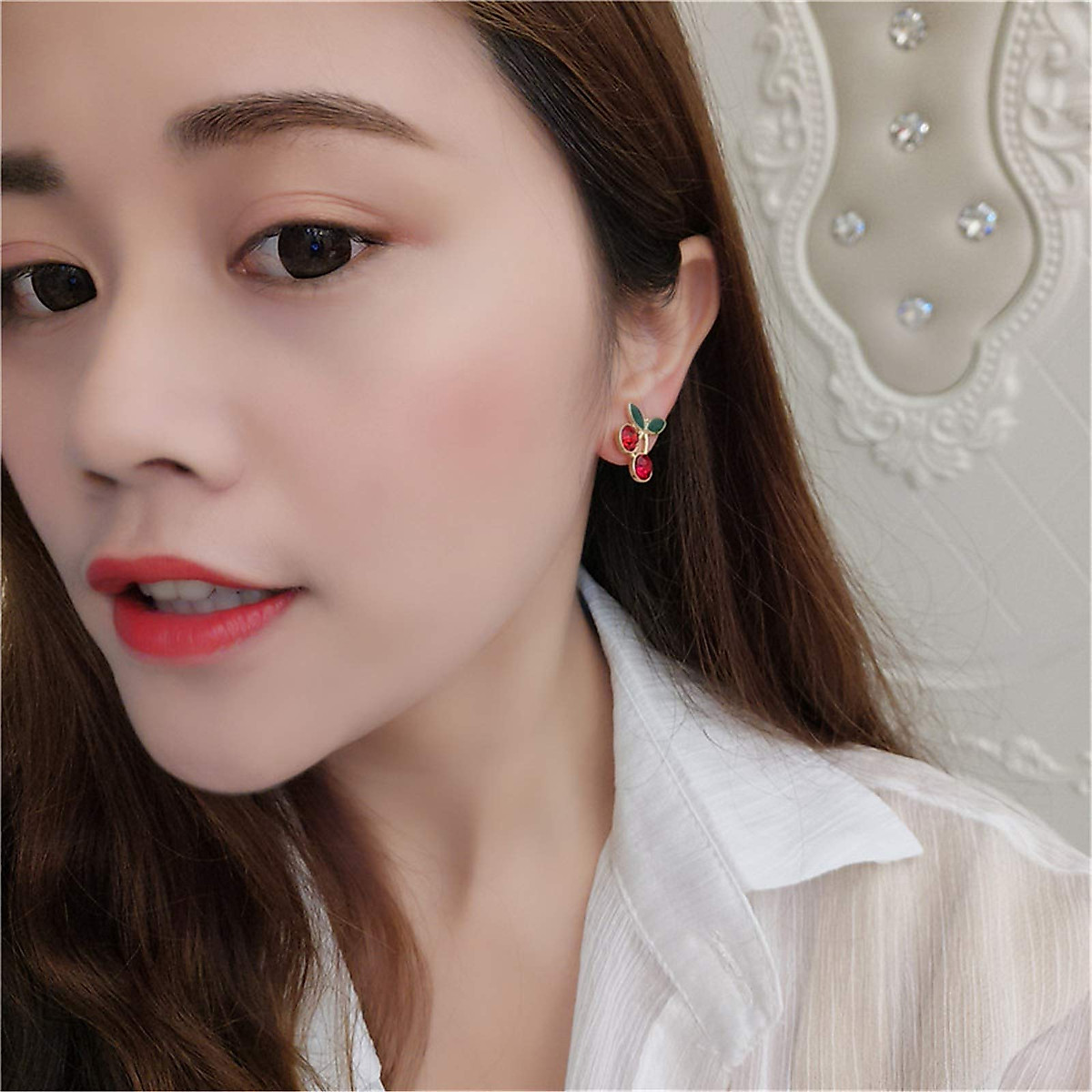 coadipress 18K Gold Plated Red Cherry Stud Earrings for Women Elegant Shining Green Emerald Leaf CZ Crystal Ruby Cherries Post Earring (Cherry)