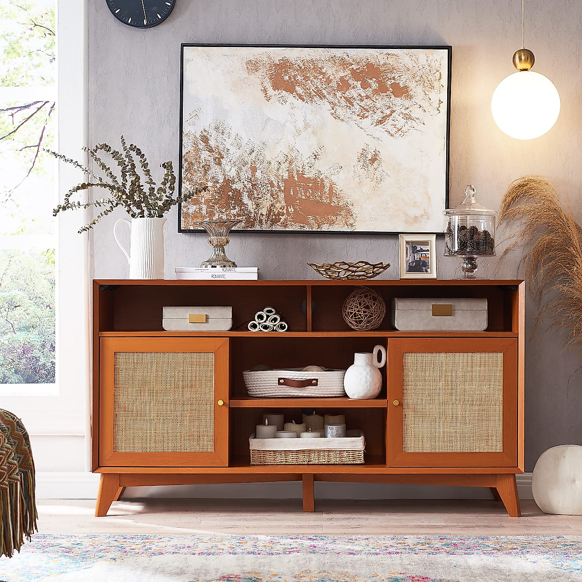 OKD TV Stand for 65+ Inch TV, 32'' Tall Highboy Entertainment Center, Mid Century Modern Media TV Console with Natural Rattan Door, Adjustable Shelves, Boho Television Stand, Cherry