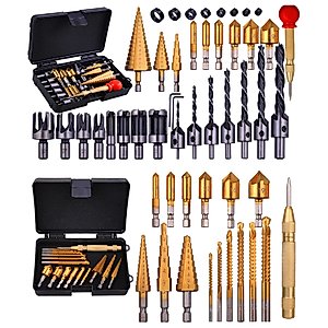 50 Pack Wood Working Chamfer Drilling Tools, 12 Countersink Drill Bit Set, 7 Counter Sinker Drill Bit Set, 8 Plug Cutters for Wood, 8 Drill Stop Bit Collar Set, 6 Step Drill Bits and 6Pcs High
