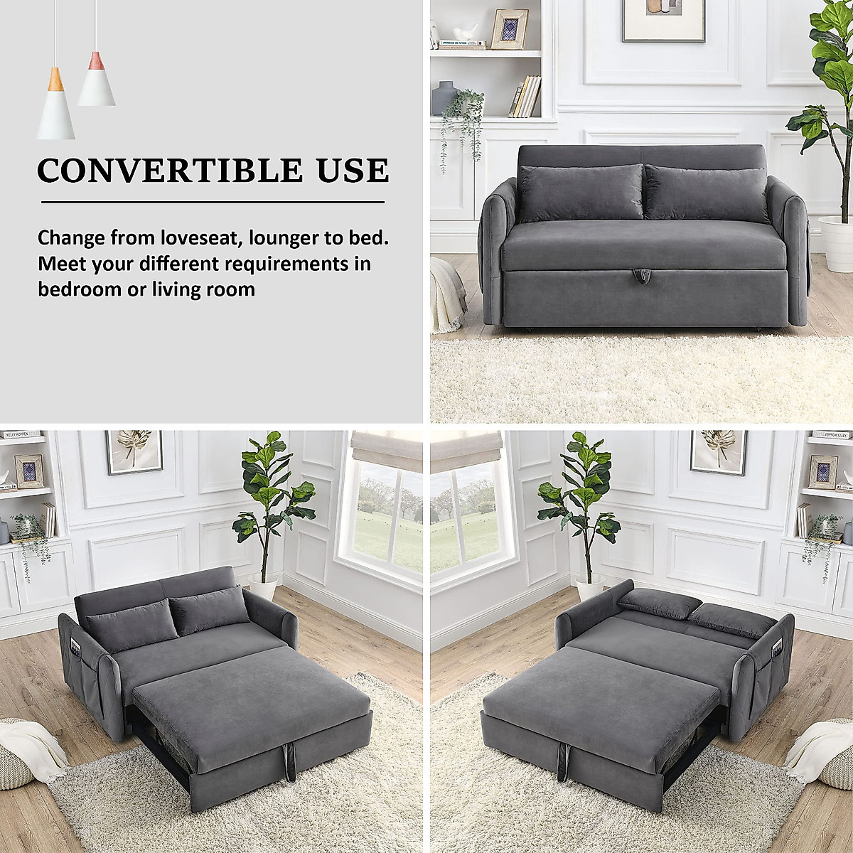 Ucloveria Sleeper, Pull Bed with 2 Detachable Arm Pockets, Adjustable Velvet Loveseat Futon Couch for Living Room Bedroom, 55" 2-Seater Lounge Sofa, Classic Grey