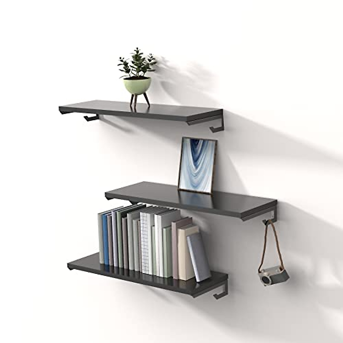 NiHome Black Floating Shelves for Wall Decor Industrial Wall Shelves for Storage Bedroom Hanging Bathroom Shelf Floating Bookshelf Set of 3