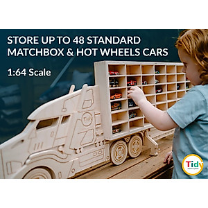 Wood Toy Car Storage Organizer Truck – Holds 48 Diecast Cars - Freestanding or Wall Display Case Shelf – Matchbox & Hot Wheels Car Compatible, FSC Wood, Included Cleanup Game – Toy Storage for Ages 3+