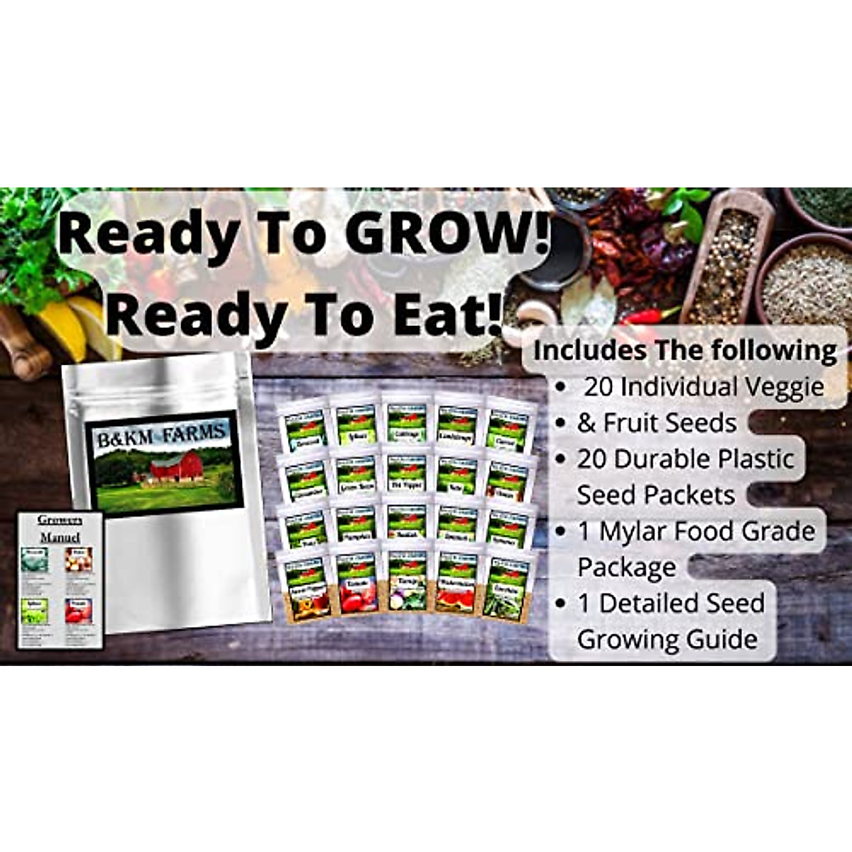 20 Vegetable & Fruit Seeds for Planting Your Outdoor & Indoor Home Seed Garden, Survival Gear Kit Includes 2900 Seeds, A Growing Guide & Mylar Package Gardening Heirloom Non-GMO Veggie Seed B&KM Farm