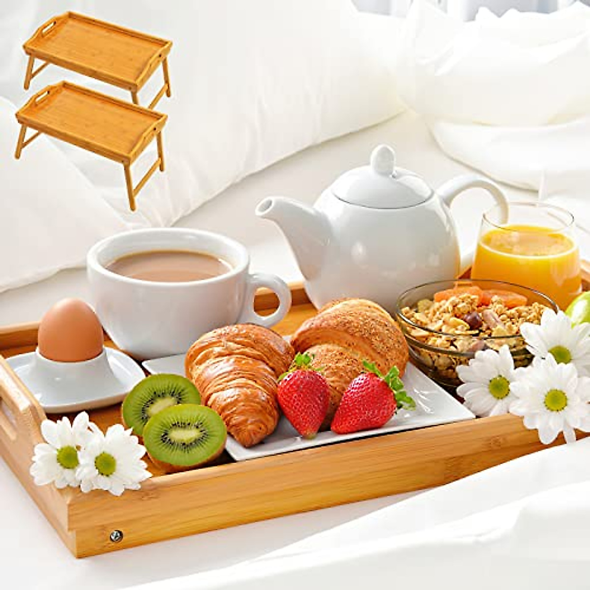 2 Pack Bed Tray Table Breakfast Trays Serving Tray Bamboo Bed Laptap with Floding Legs Handles and Phone Holders