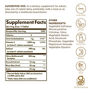 SOLGAR Ester-C Plus 1000 mg Vitamin C (Ascorbate Complex) - 180 Tablets - Gentle & Non Acidic - Supports Upper Respiratory Health - Non-GMO, Gluten Free - 180 Servings