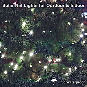 echosari Solar Powered 120 LED Net Mesh String Lights with IP65 Waterproof & 8 Modes, 5.9Ft x 3.9Ft Dark Green Cable Fairy Icicle String Lights for Fence/Garden/Wedding Party (Cool White)