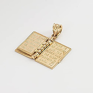 10K Yellow Gold 5/8" 3D Hinged Book with Pages Holy Bible with Lord’s Prayer Bottonee Cross Pendant Charm