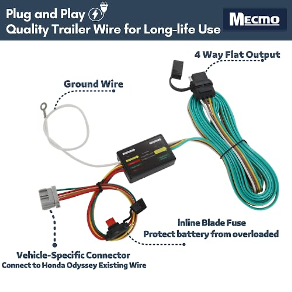 MECMO Trailer Wiring Harness for 2005-2010 Honda Odyssey 4-Way Flat Hitch Wire Trailer Light Hook Up, Plug-in Simple T-Connector Vehicle Side Towing Harness
