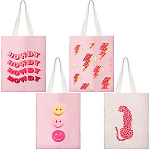 Chunful 4 Pcs Canvas Tote Bag Aesthetic Preppy Bag Reusable Graphic Tote Bag Funny Cute Shoulder Grocery Bags Shopping Beach Gifts for Women Friends Home Travel Birthday Graduation Party Supplies