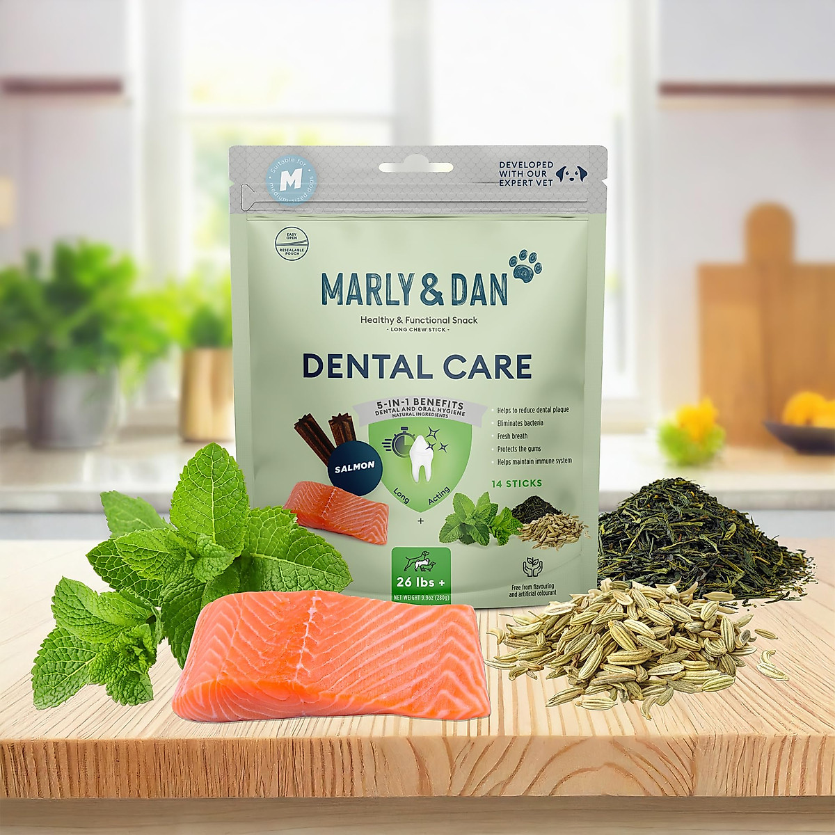 Marly & Dan Dental Care Chew Sticks, 5-in-1 Benefits for Dental and Immune System Health, Salmon, Peppermint & Green Tea, Chew Treats for Dogs (Dogs Over 25lbs)