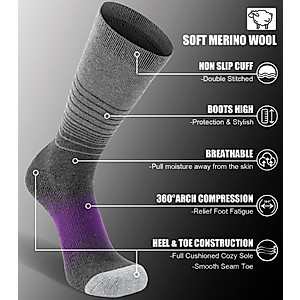 FITRELL 4 Pack Women's Merino Wool Hiking Socks Wicking Cushioned Warm Thermal Walking Boot Crew Socks, Christmas Gifts, Purple+Pink, Medium, for Shoe Size 8.5-11