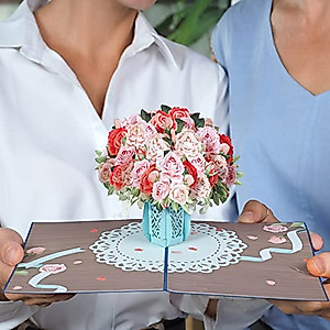 Paper Love 3D Pink Roses Pop Up Card, 5" x 7" Cover - Includes Envelope and Note Card