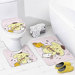 Pompompurin Playing Guitar Cute 4 Piece Bath Set Bathroom Decoration Set with Shower Curtain Set Non Slip Floor Mat Toilet Lid Bath Mat Polyester Waterproof Shower Curtain