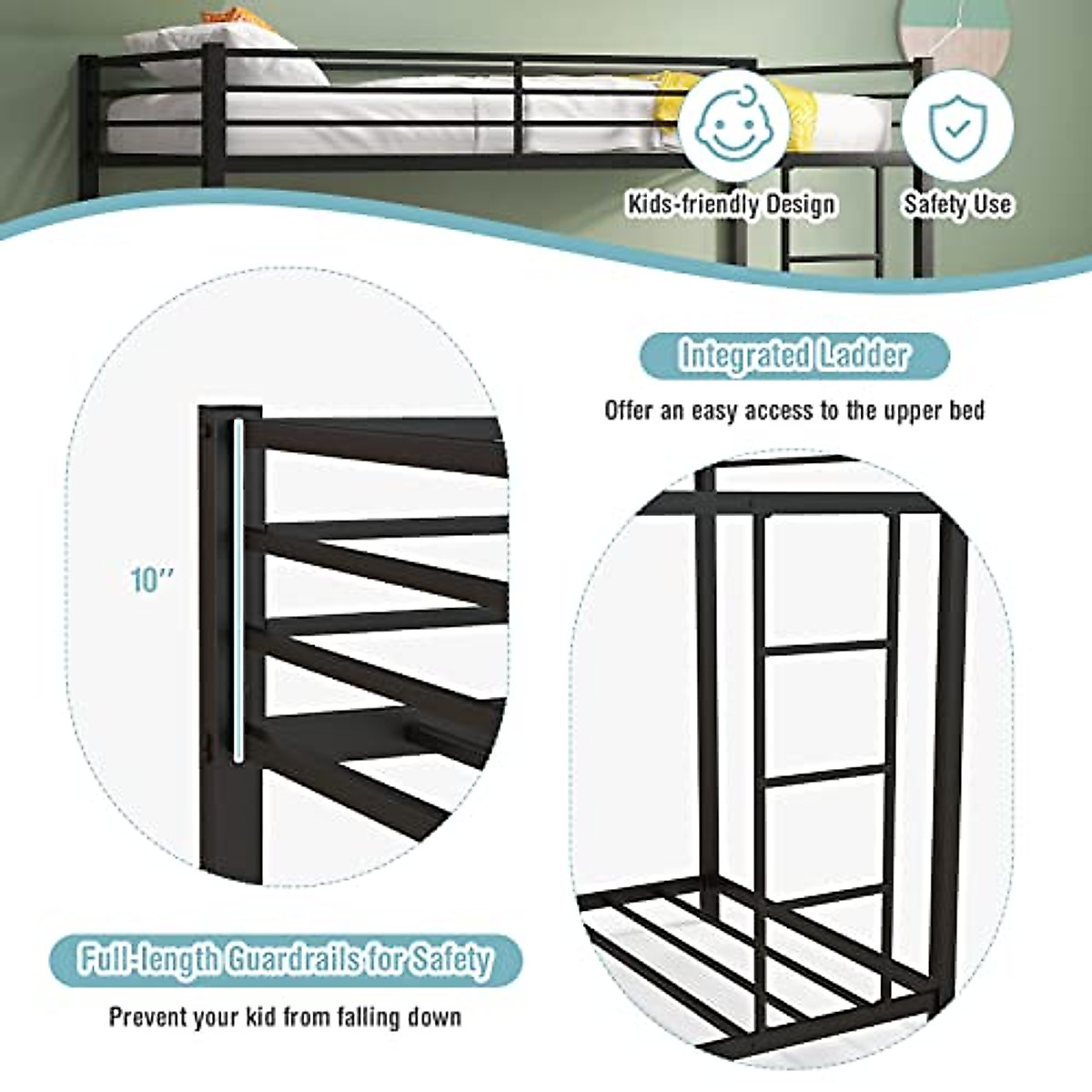 KOMFOTT Metal Low Bunk Bed Twin Over Twin, Heavy Duty Bunk Bed Frame with Ladder & Full-Length Guardrails, Metal Slatted Floor Bed Frame for Teens & Adults, No Box Spring Needed (Black)