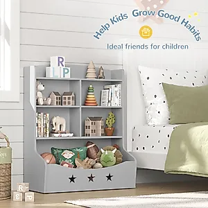 Curipeer Kids Bookshelf, Three-and-a-Half Tier Wooden Bookcase, Bookshelf for Playing Room, Nursery, Bedroom, Toy Storage Cabinet with 5 Cube Units, Star Pattern Kids' Toy Storage Organizer, Gray