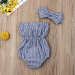 Newborn Kids Baby Girls Clothes Floral Jumpsuit Romper Playsuit + Headband Outfits (Blue Striped, 0-6 Months)