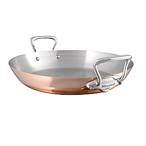 Mauviel M'150 S 1.5mm Polished Copper & Stainless Steel Paella Pan With Cast Stainless Steel Handles, 13.8-in, Made In France