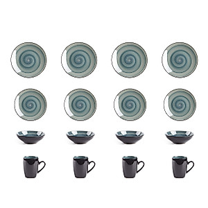 HomeVss, Stoneware Sonoma 16pc Dinnerware Set, Black + Speckled Spin Wash Blue